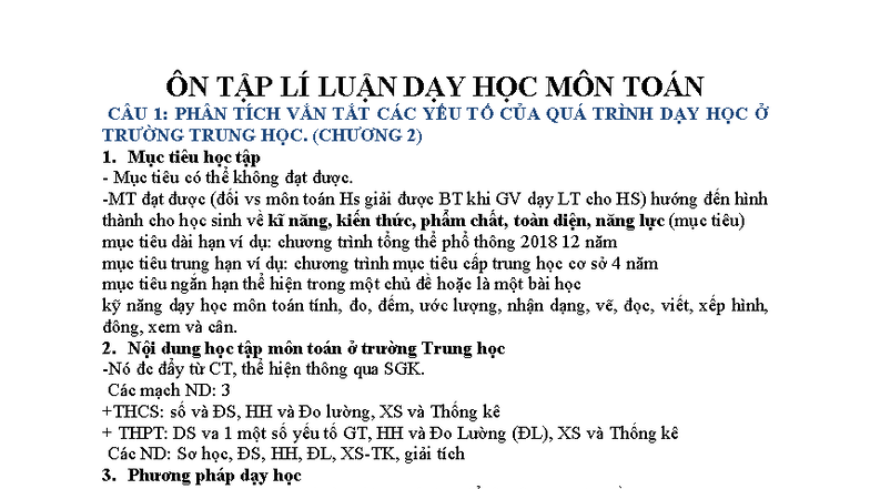 ÔN TẬP LÝ LUẬN DẠY HỌC MÔN TOÁN (CHƯƠNG 2) - Studocu