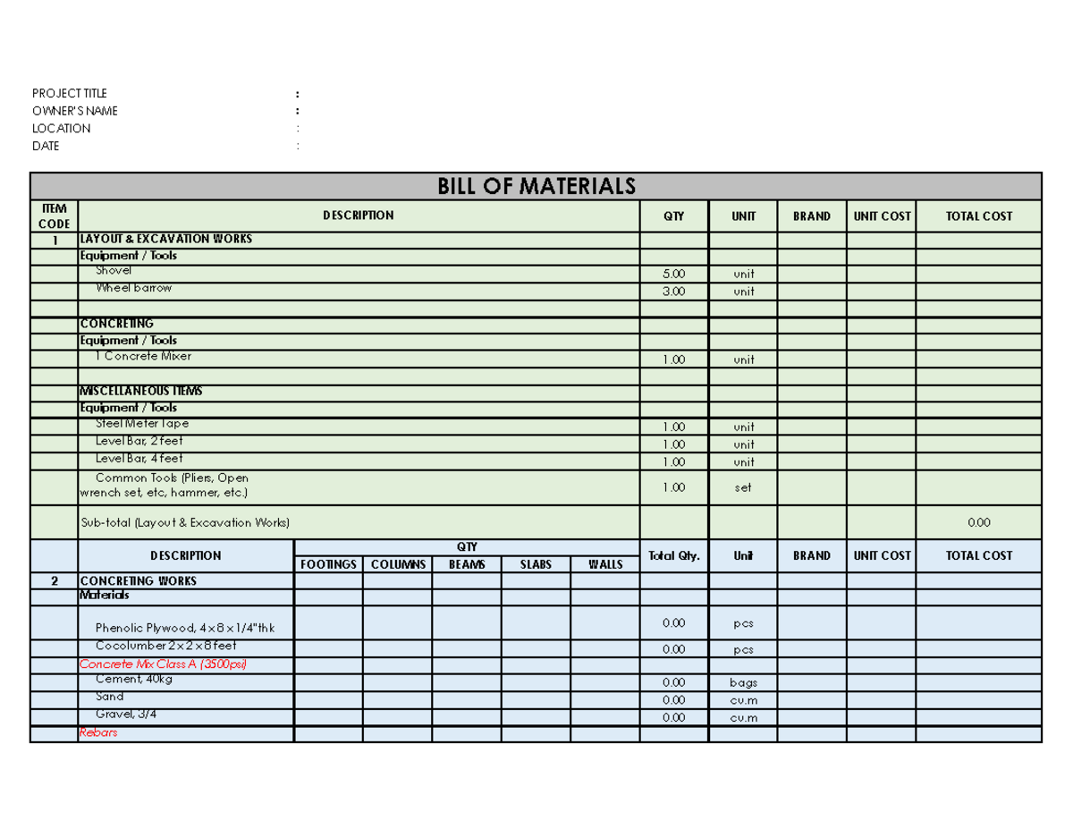 BOM Format for Construction Project - Bill of Materials (2023) - Studocu