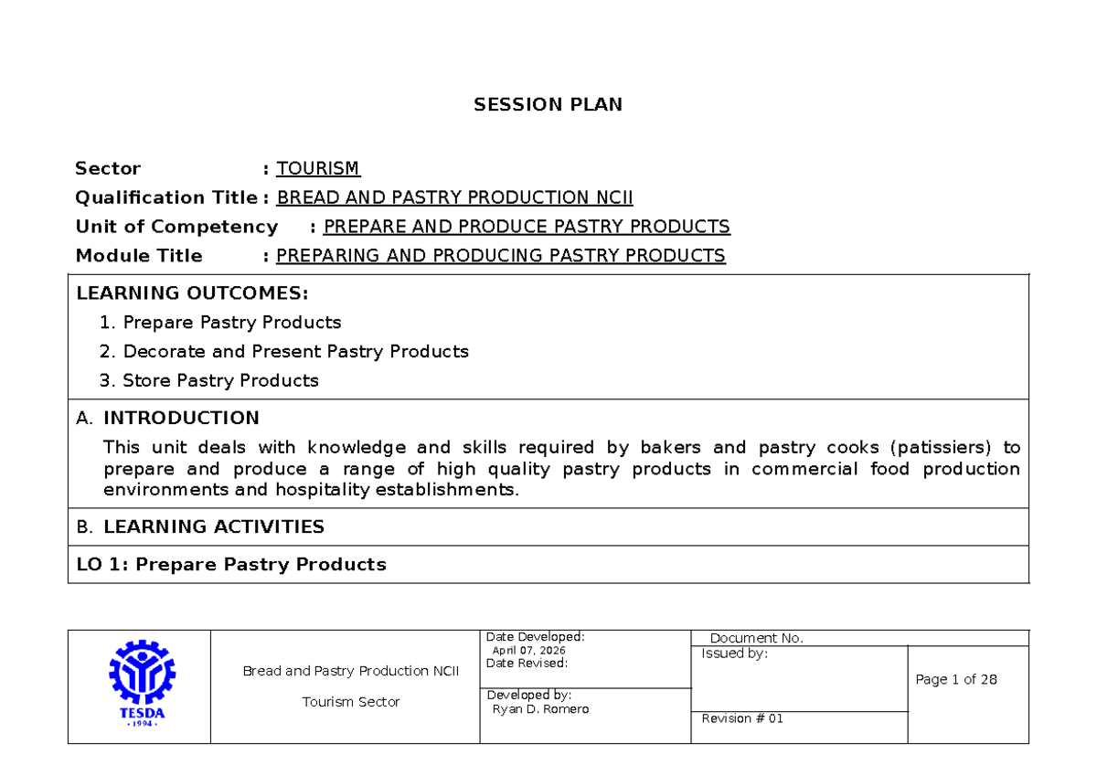 Bread and Pastry Production NCII: Session Plan for Pastry Products ...