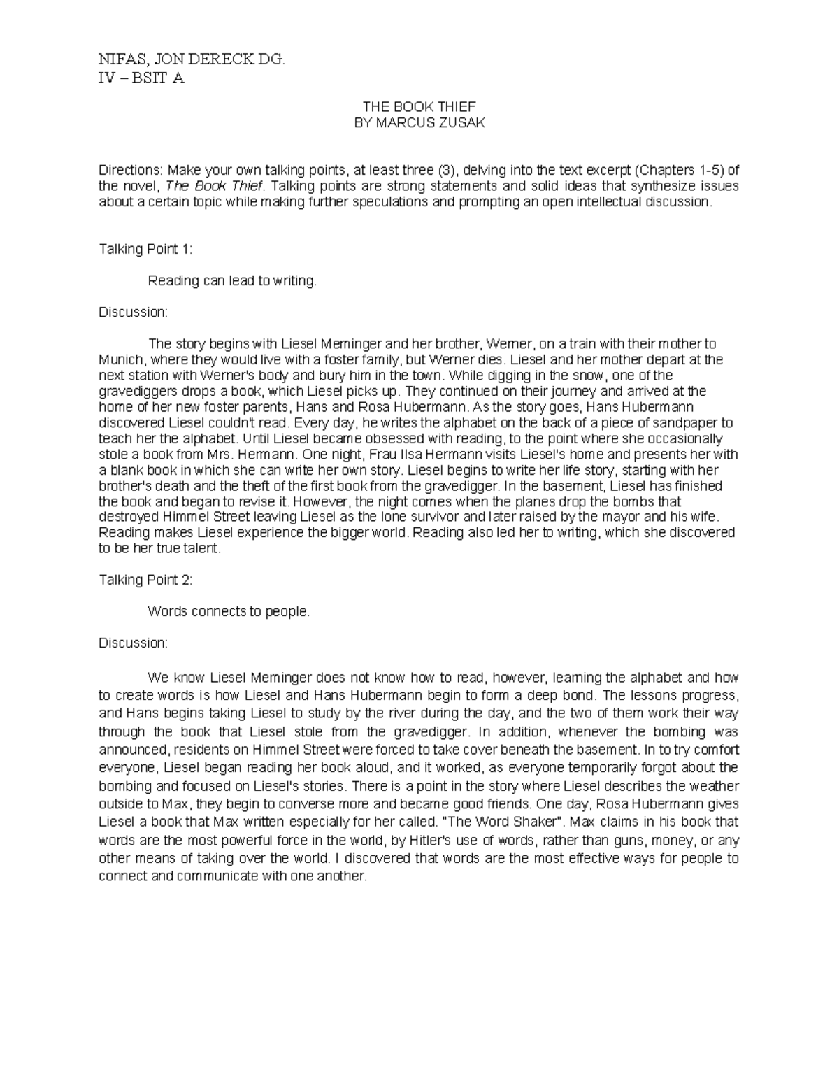 Lit 2 - Assignment 6: Talking Points on "The Book Thief" by Markus ...