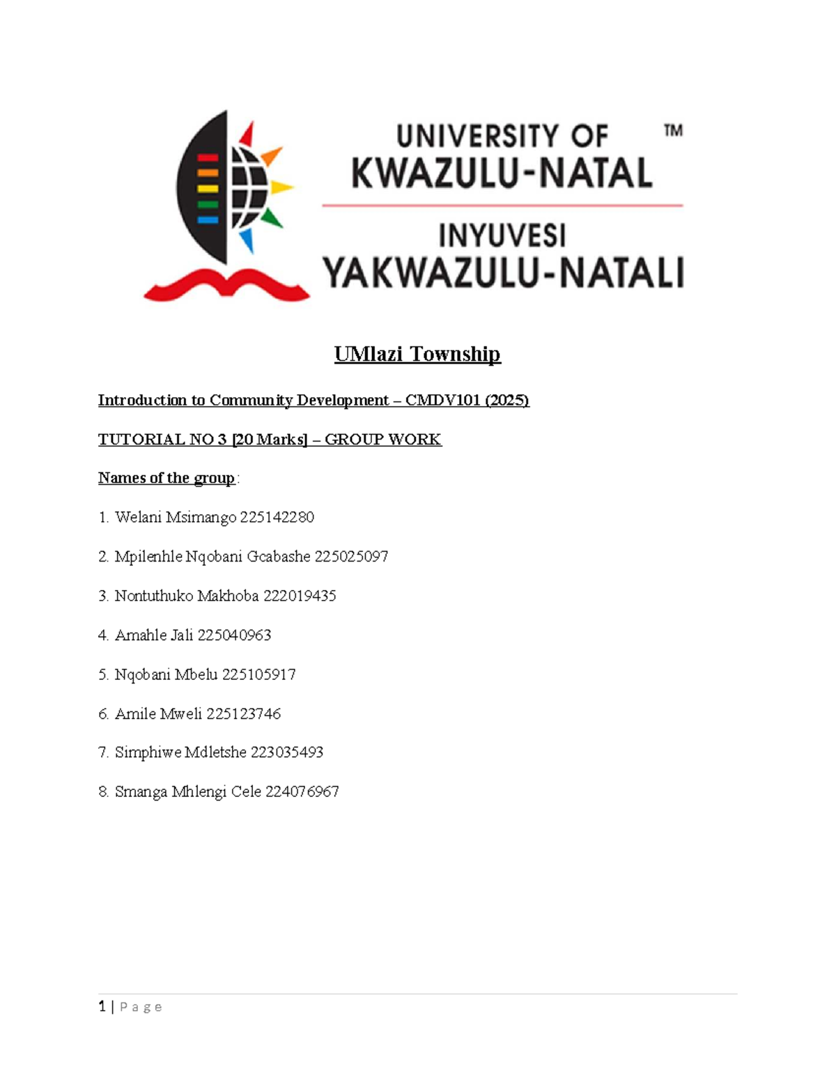 UMlazi Township Community Development CMDV101 Tutorial No. 3 Analysis ...