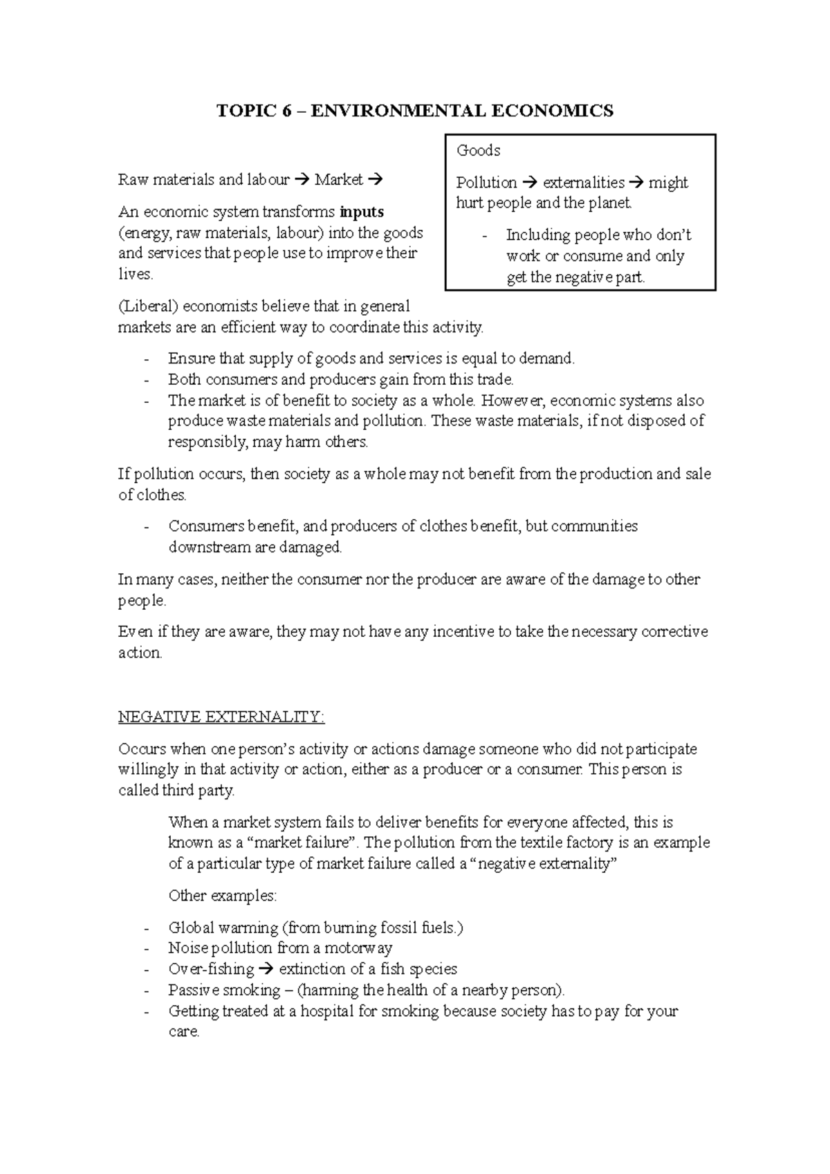 Topic 6 – Environmental Economics: Market Failures & Externalities ...