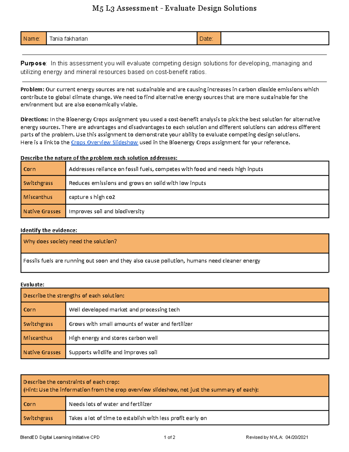 M5 L3 Assessment - Evaluating Competing Design Solutions for Energy ...
