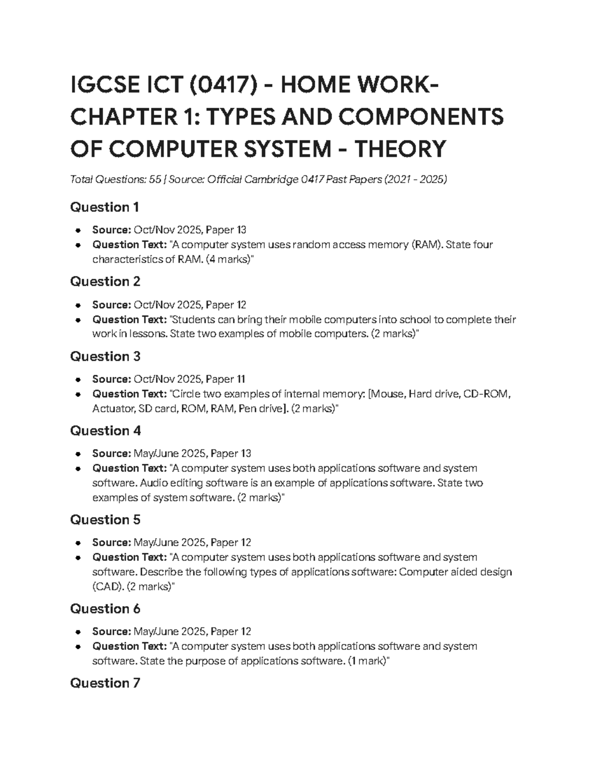 IGCSE ICT (0417) Chapter 1: Computer System Types & Components Exam ...