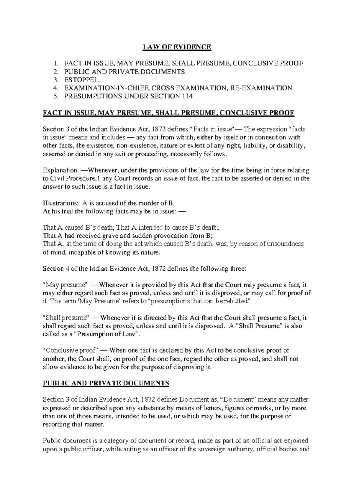 LAW OF Evidence - LAW OF EVIDENCE 1. FACT IN ISSUE, MAY PRESUME, SHALL ...