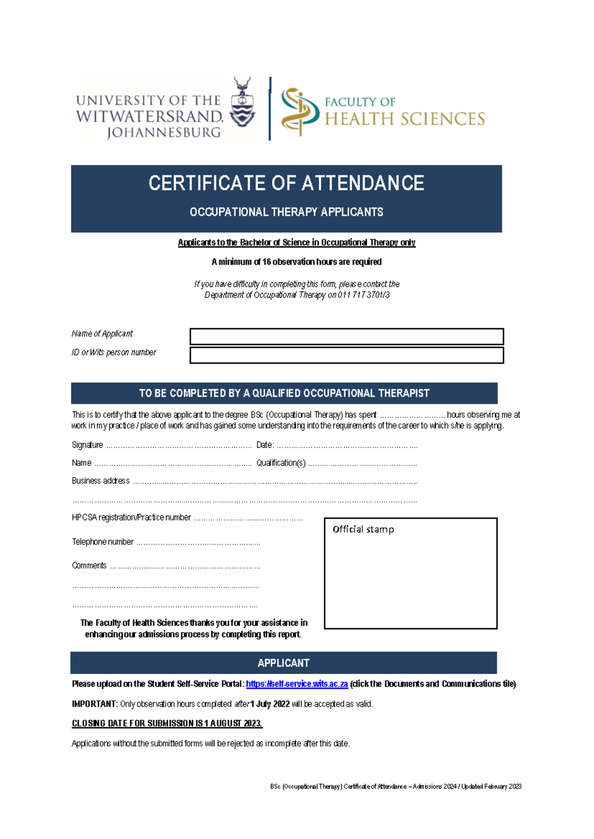 2024 BSc Occupational Therapy Job Shadowing Attendance Certificate ...