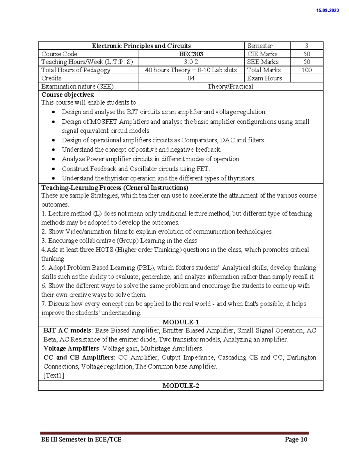 EPC Syllabus Overview for BEC303: Electronic Principles & Circuits ...