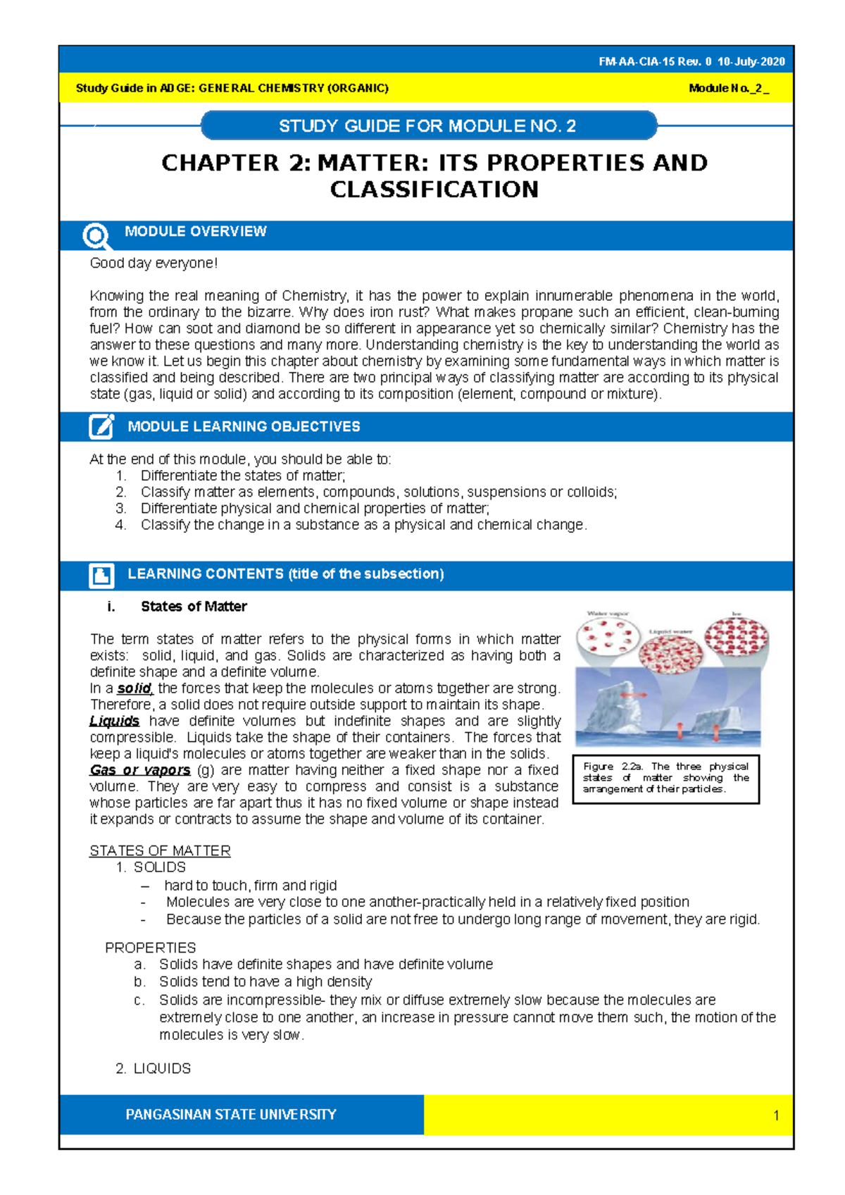 ADGE: General Chemistry (Organic) Module 2 Study Guide on Matter ...