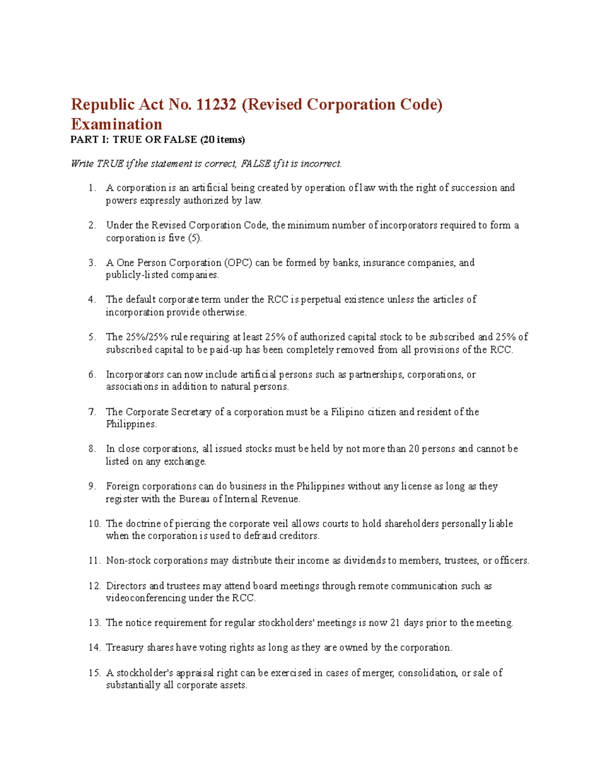 RCC Reviewer: Revised Corporation Code True/False & MCQ Guide - Studocu