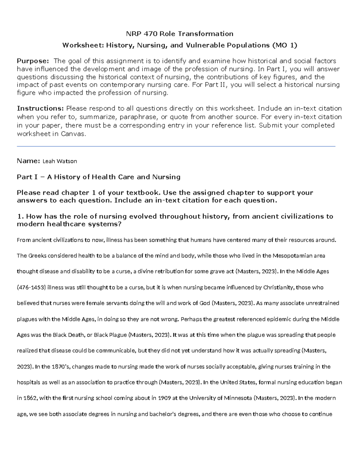 NRP 470 Module 2 Worksheet: History of Nursing & Vulnerable Populations ...