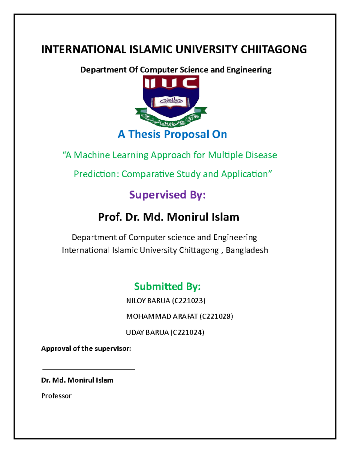 Thesis Proposal on ML for Multiple Disease Prediction (C221023, C221028, - Studocu