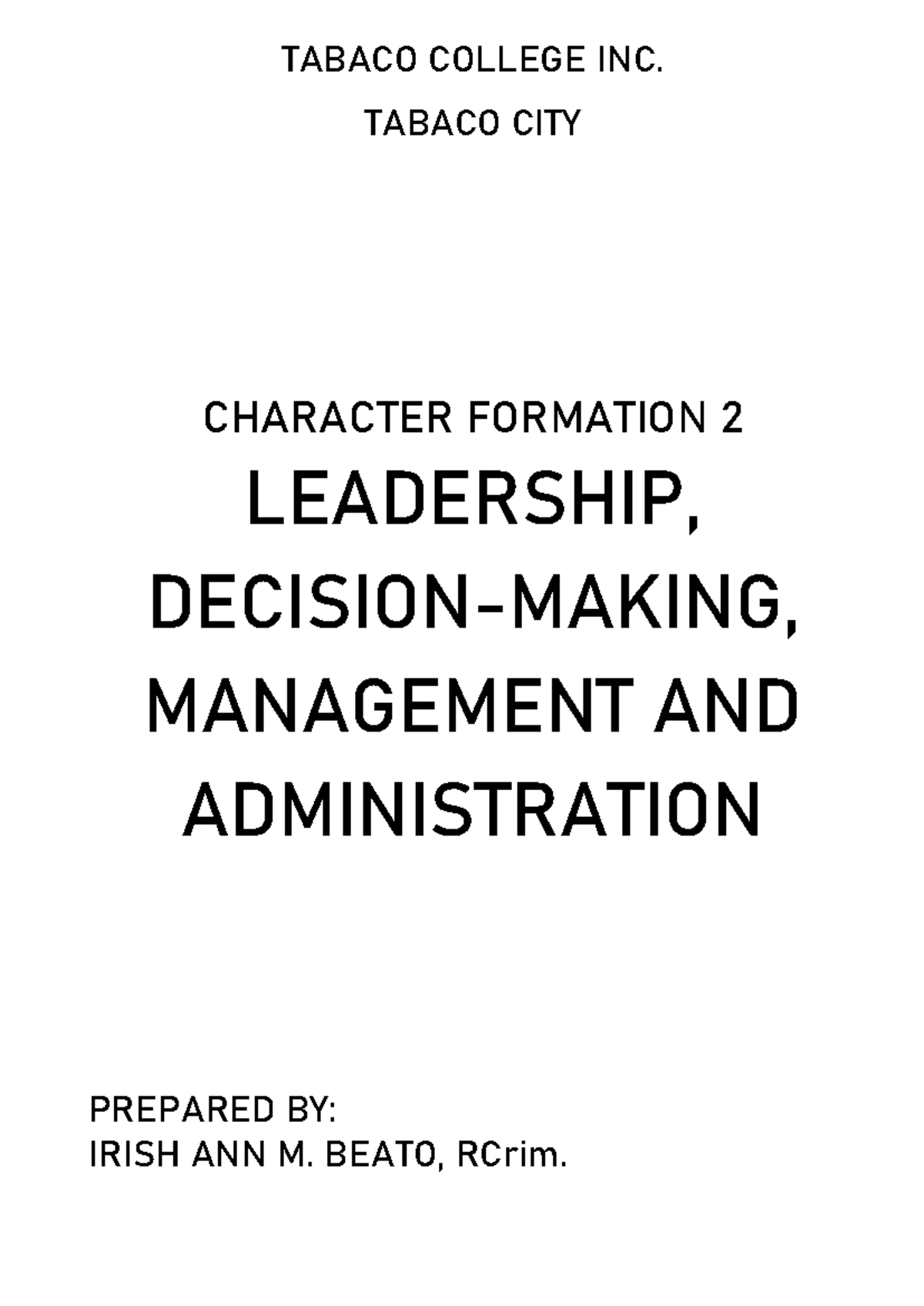 CFLM-1 Character Formation 2: Leadership, Management & Administration ...