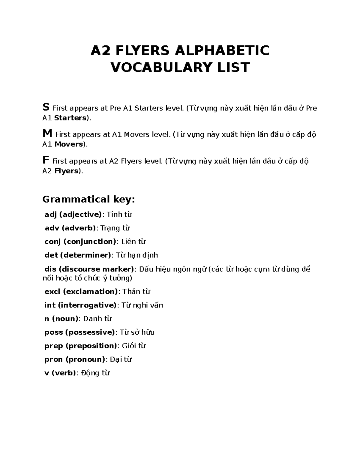 A2 FLYERS Vocabulary List: Alphabetic Words and Definitions - Studocu
