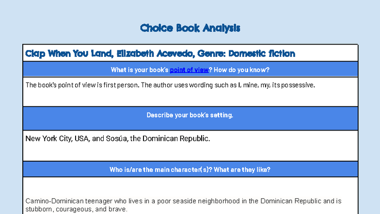 Choice Book Analysis: Clap When You Land (ENG 101) - Studocu