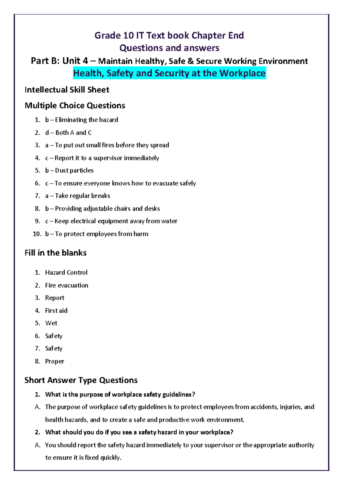 Unit 4 - Maintain Health, Safety & Security in the Workplace: Q&A Guide ...