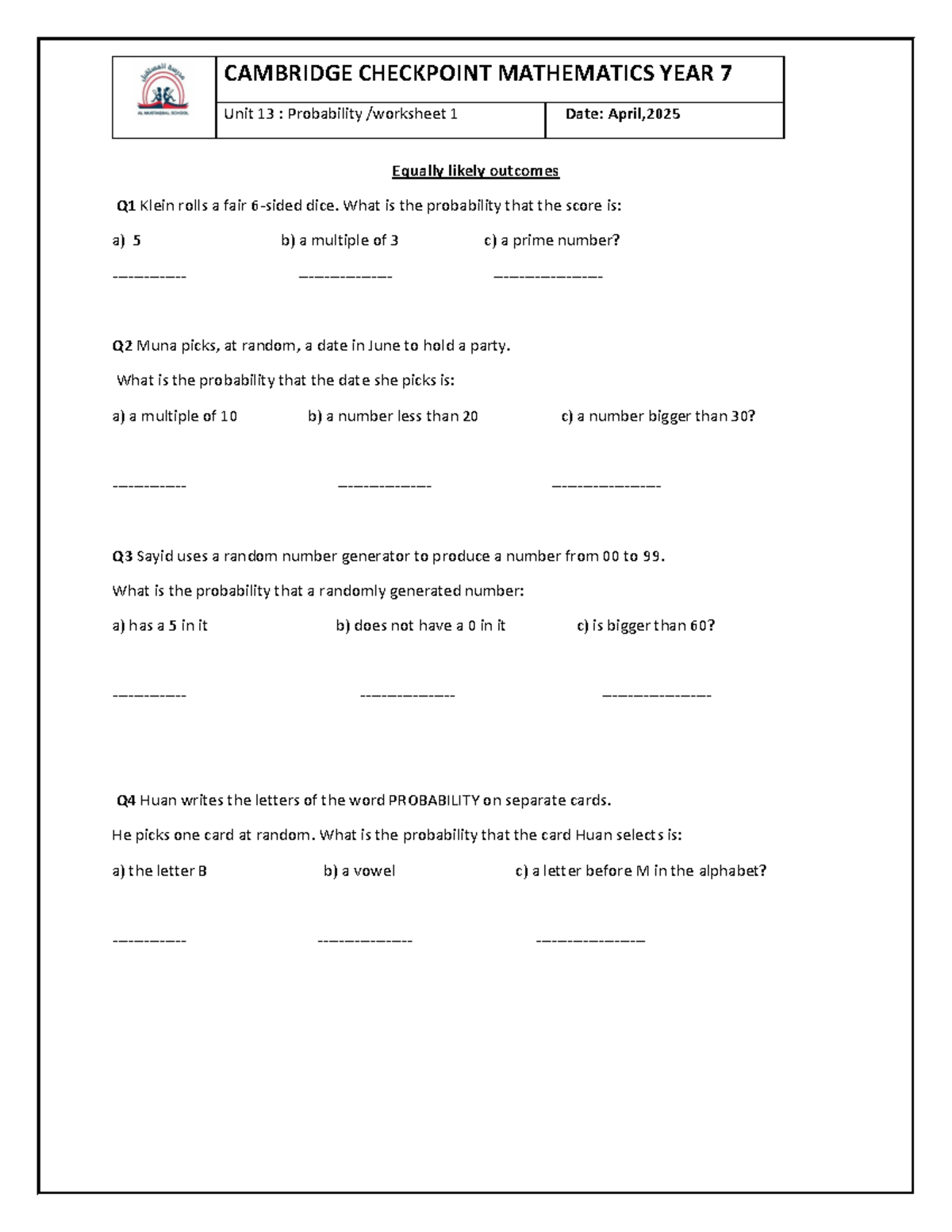 CAMBRIDGE CHECKPOINT MATHEMATICS YEAR 7 Unit 13: Probability Problems ...