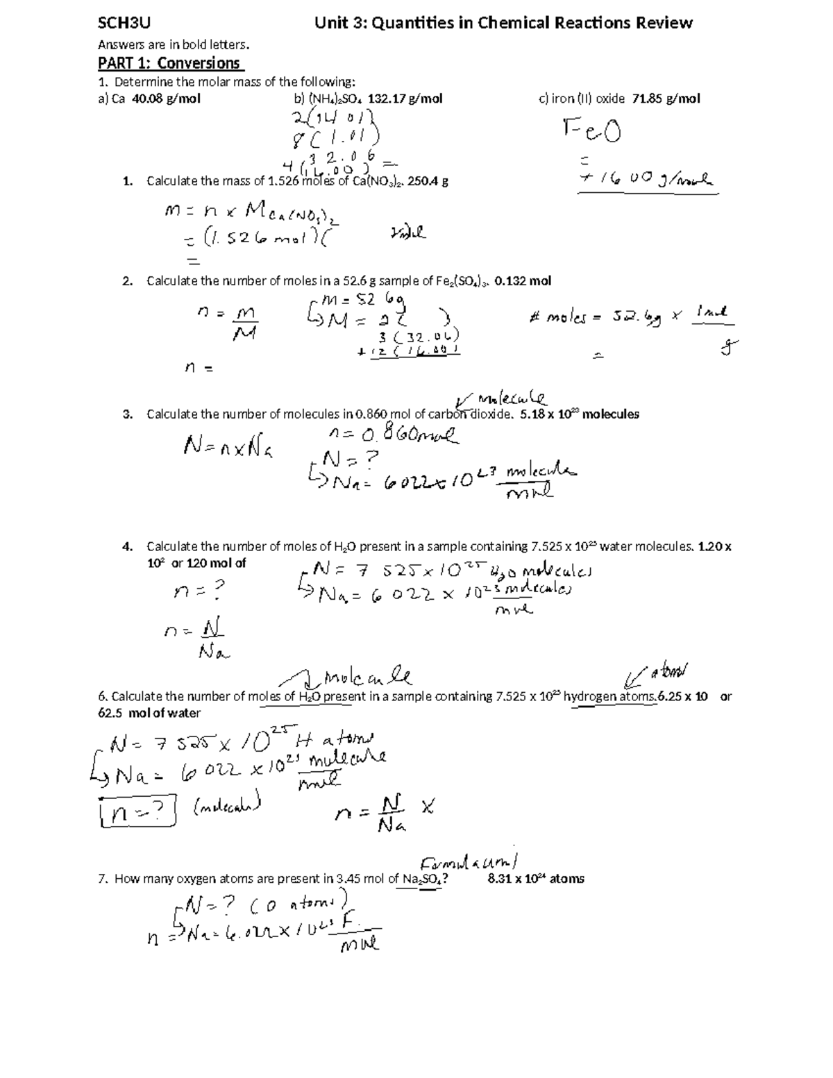 SCH3U Unit 3: Quantities in Chemical Reactions Review Answer Keys - Studocu