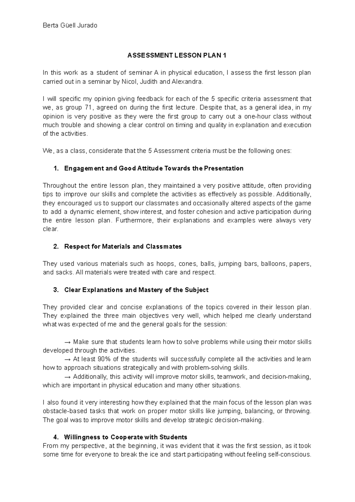 Assessment Lesson Plan 1: Feedback on Group 71's Teaching Performance ...