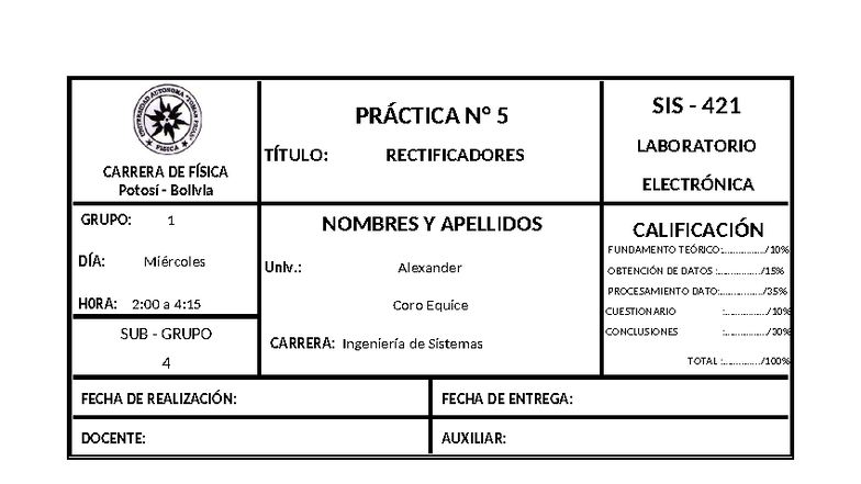Práctica N° 5: Rectificadores en Laboratorio de Electrónica SIS 421 ...