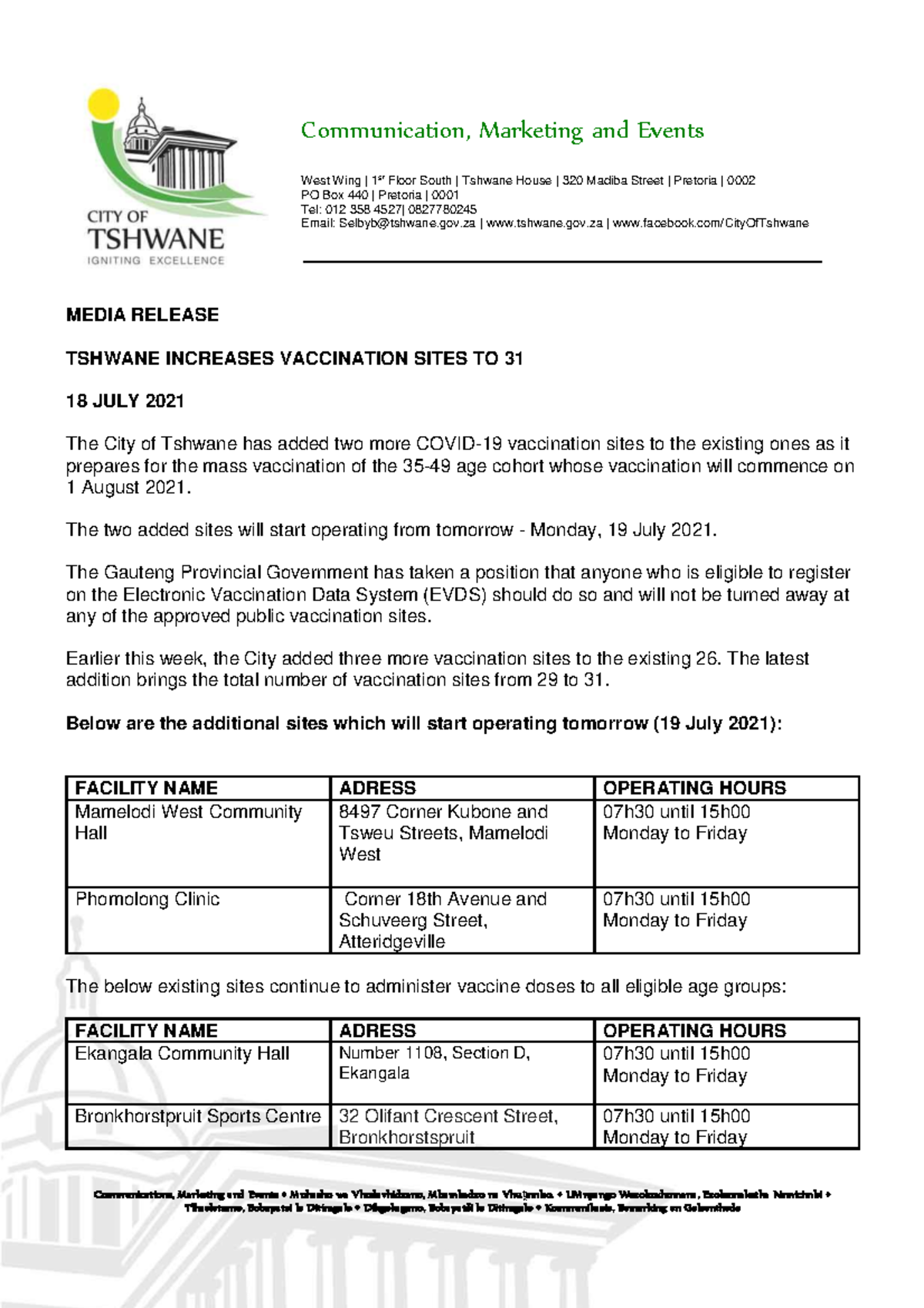 Tshwane Increases Vaccination Sites TO 31 - Communications, Marketing ...