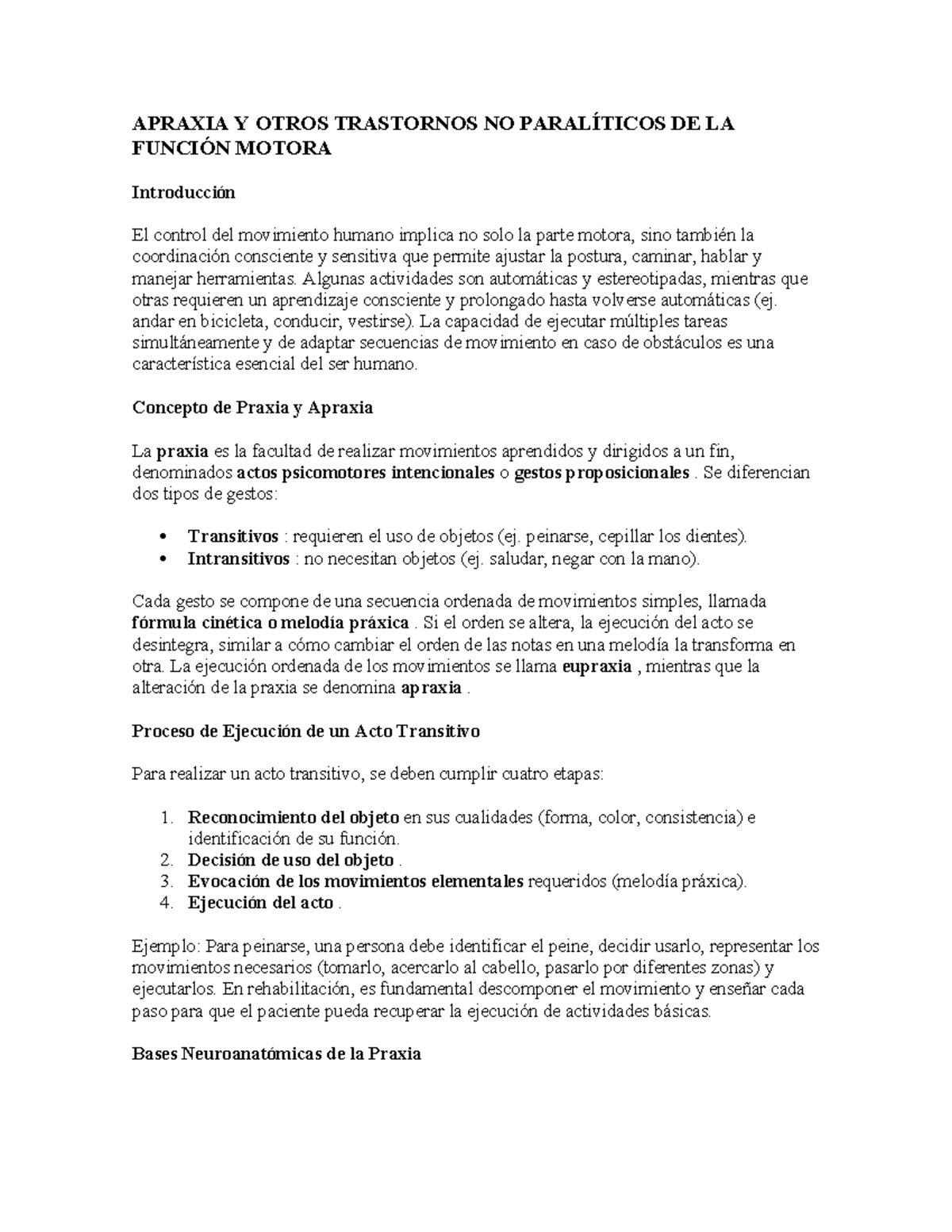 AP 101: Apraxia y Trastornos No Paralíticos de la Función Motora - Studocu