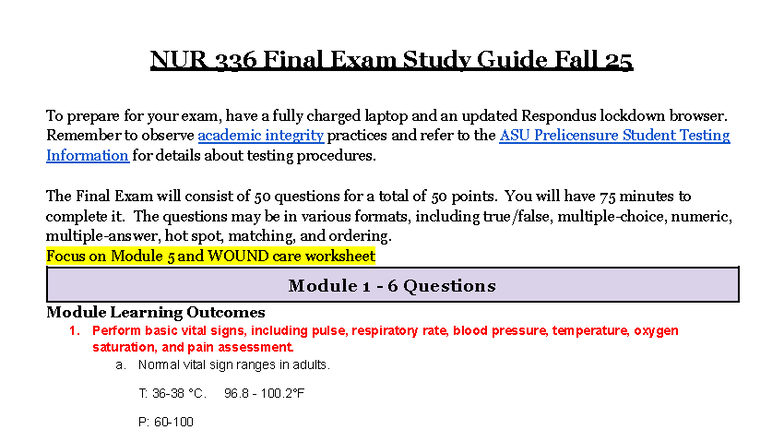 NUR 336 Final Exam Study Guide: Key Concepts & Skills for Fall 25 - Studocu