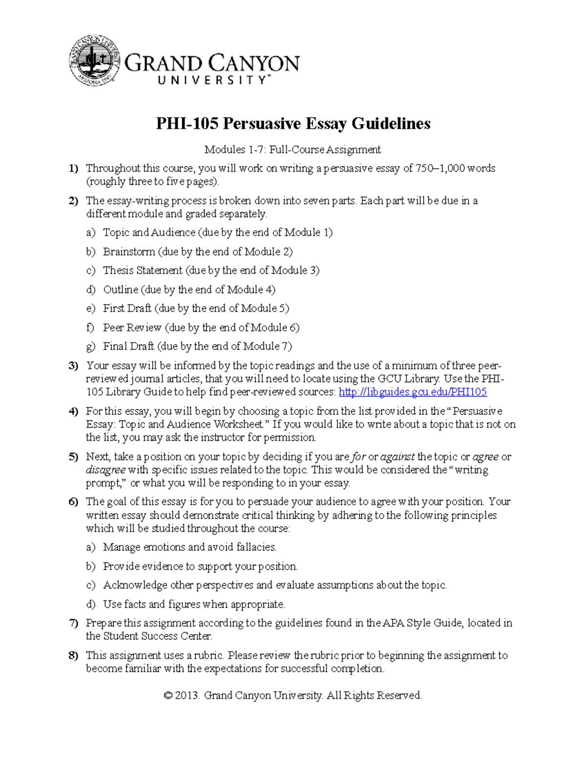 PHI-105 Persuasive Essay Writing Guidelines for Full Course Assignment ...