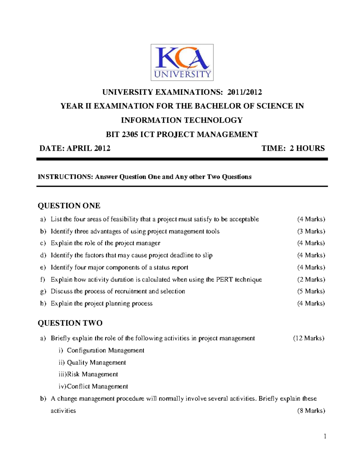 BIT 2305: ICT Project Management Past Exam Papers and Solutions - Studocu