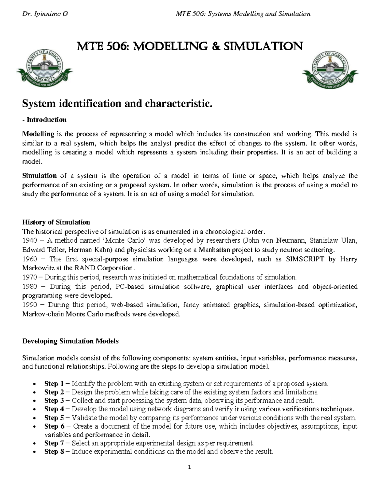 MTE 506 System Modelling and Simulation - MTE 506: Modelling ...