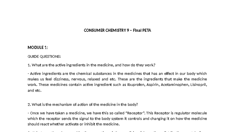 CONSUMER CHEMISTRY 9 Final Exam PETA MODULE 1-5: Study Guide Questions ...