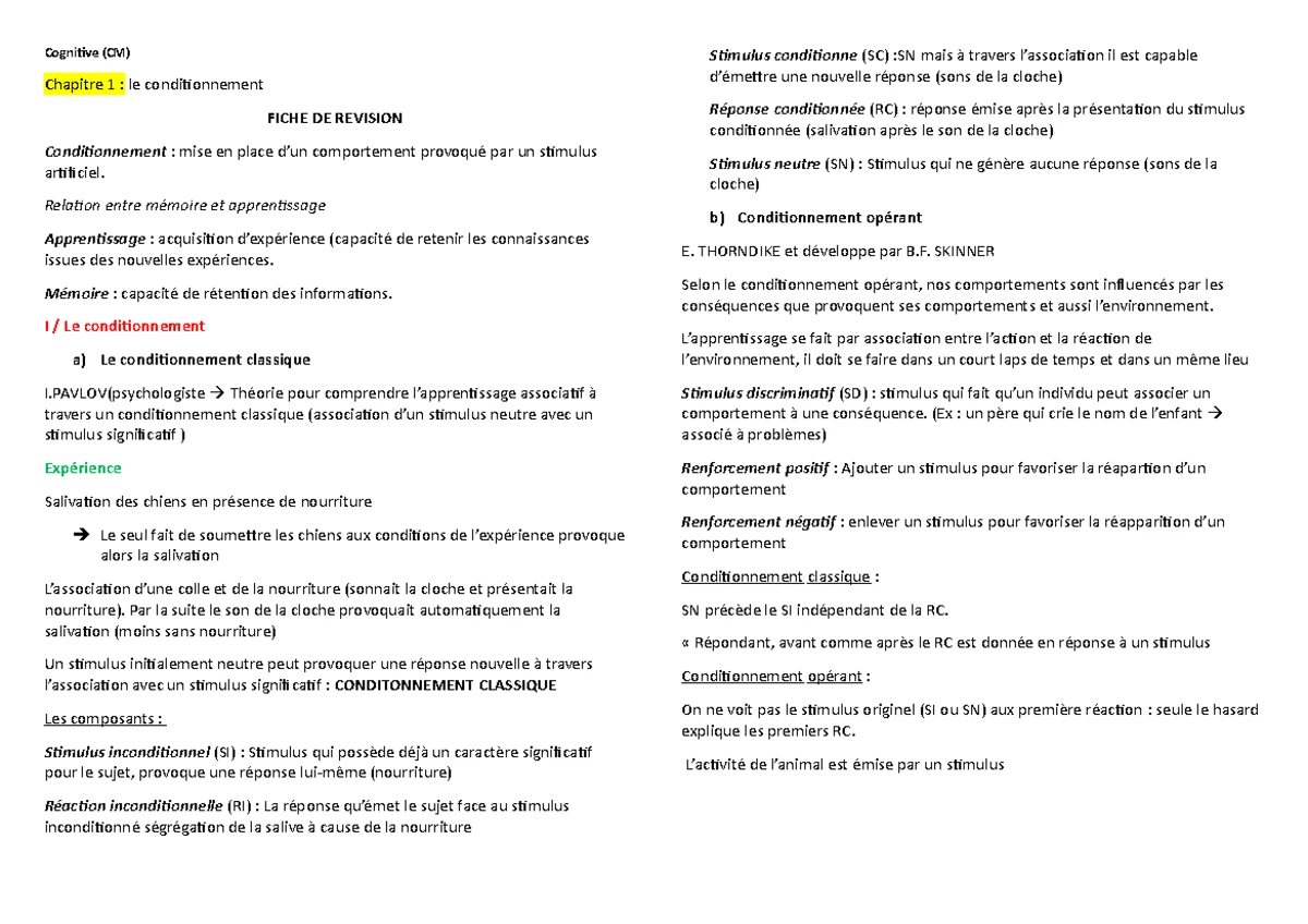 Chapitre 6 - fiche de révision - Cognitive (CM) – fiche de révision ...