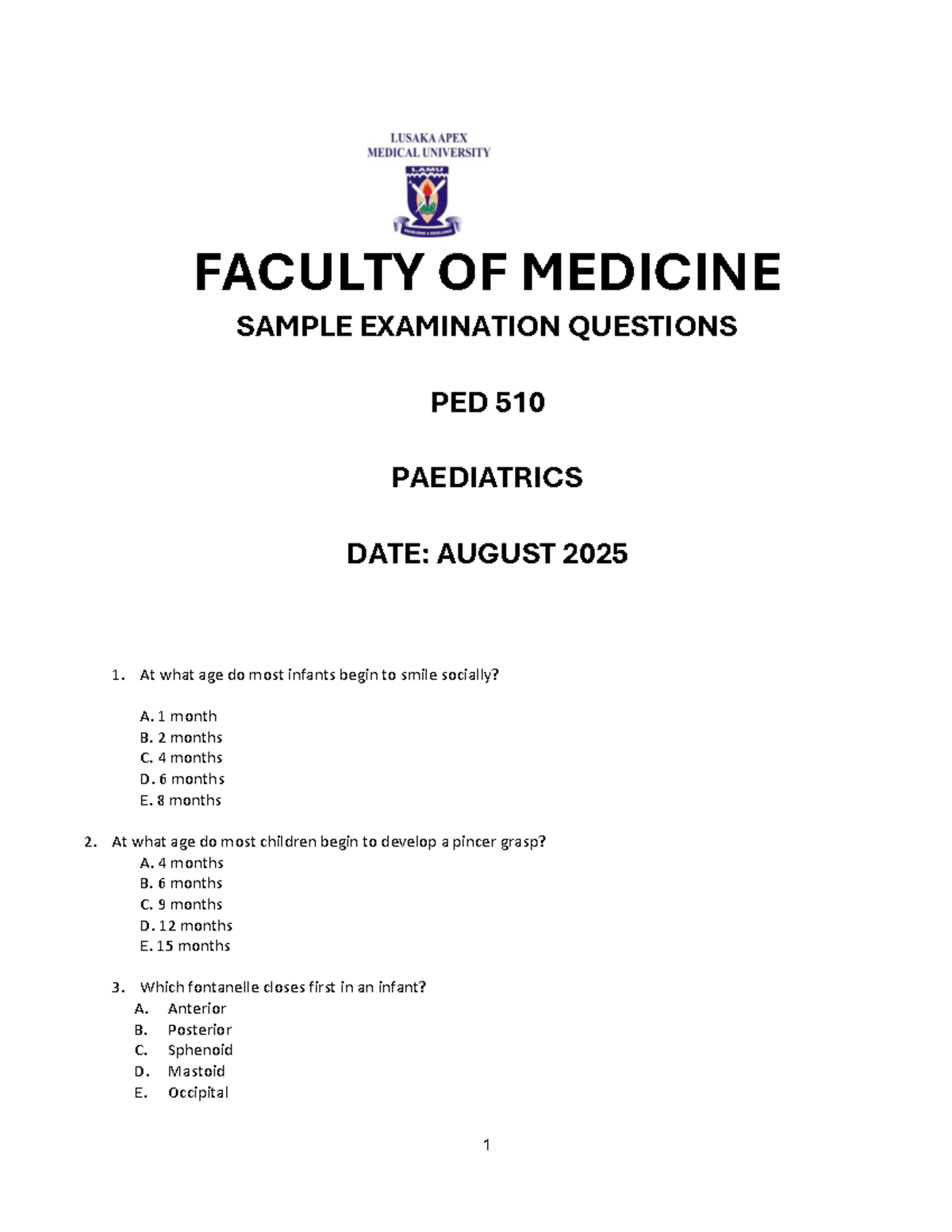 PED 510 Sample Examination Questions in Paediatrics - August 2025 - Studocu