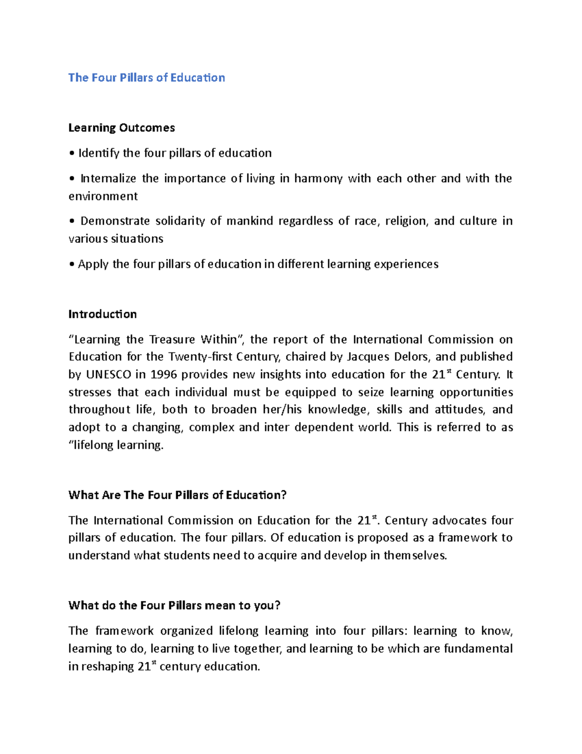 The Four Pillars of Education - The Four Pillars of Education Learning ...