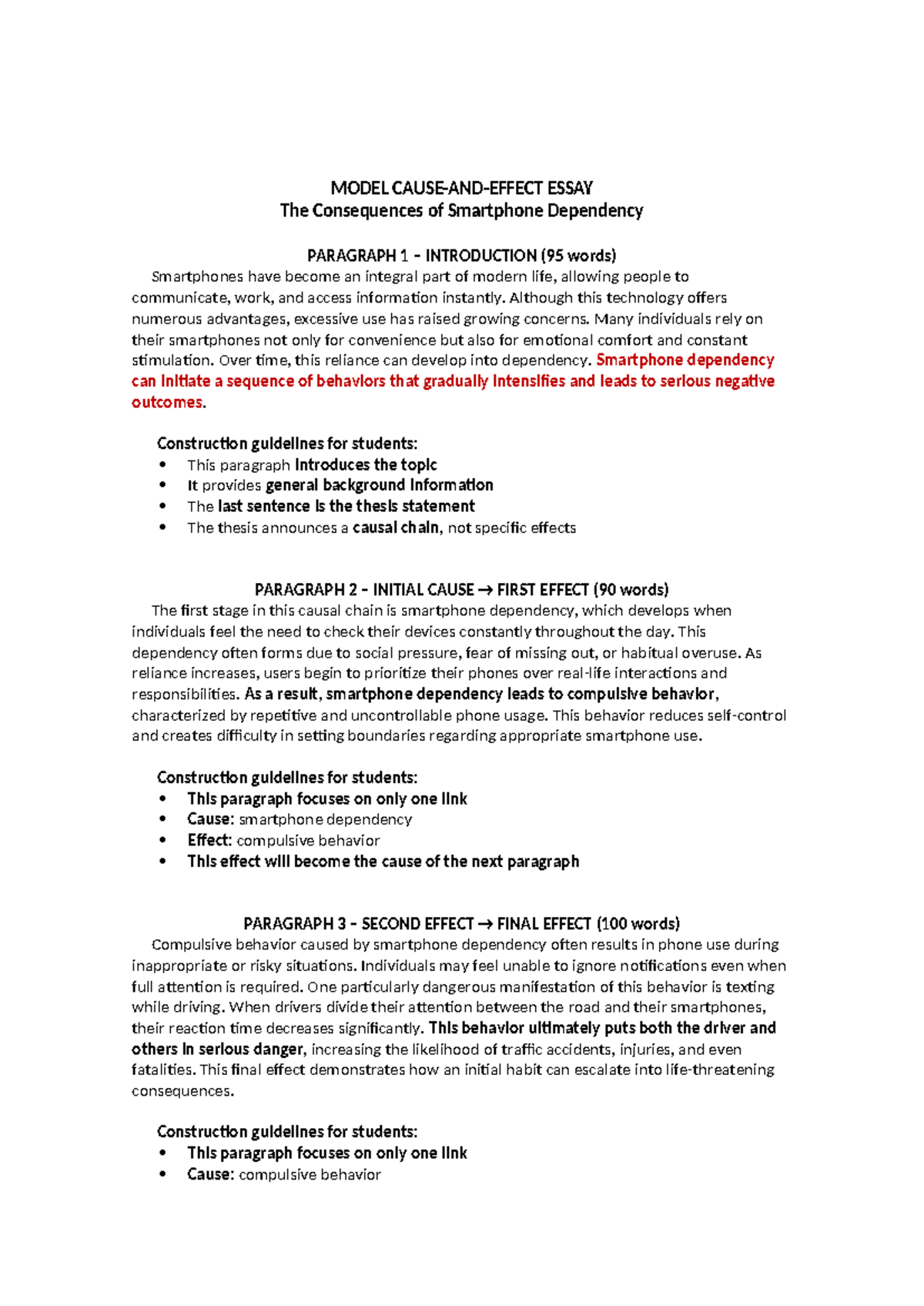 A12 - Model Cause-and-Effect Essay on Smartphone Dependency - Studocu