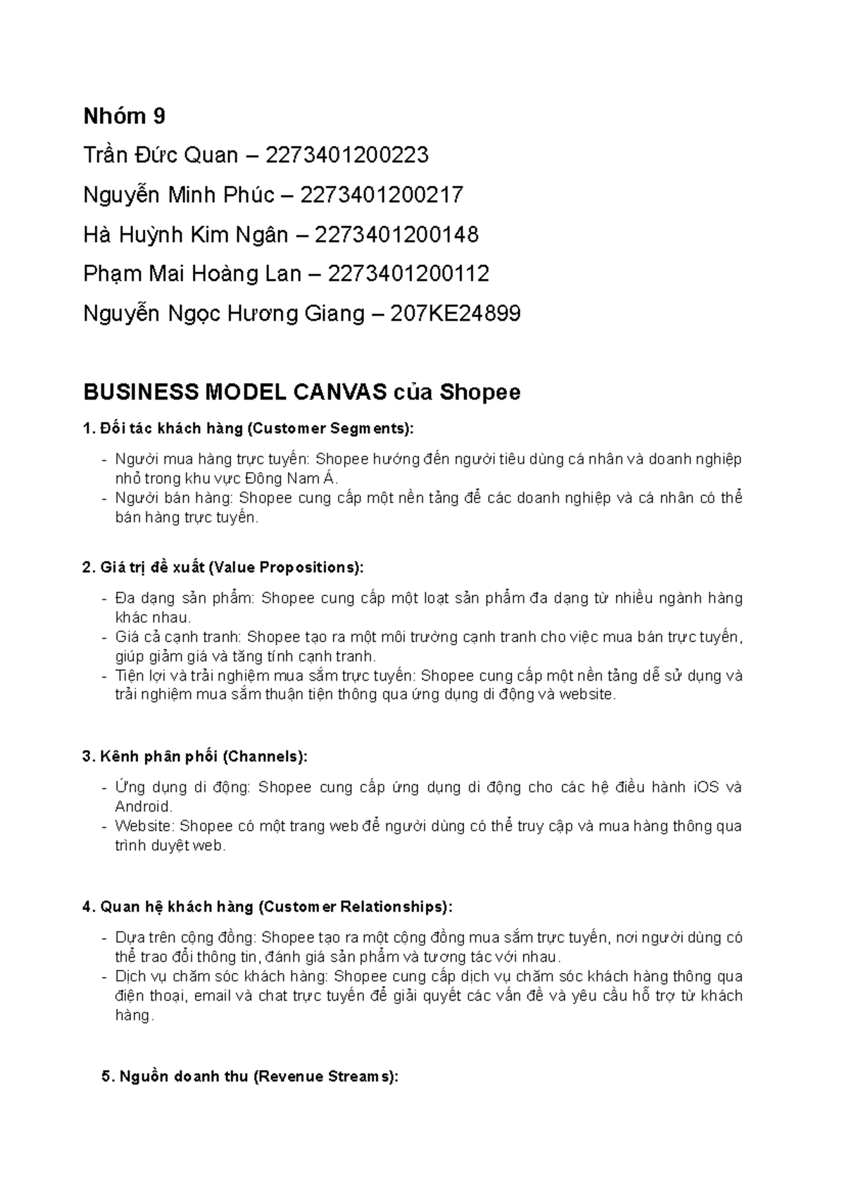 Business Model Canvas của Shopee - Nhóm 9 - Nhóm 9 Trần Đức Quan ...