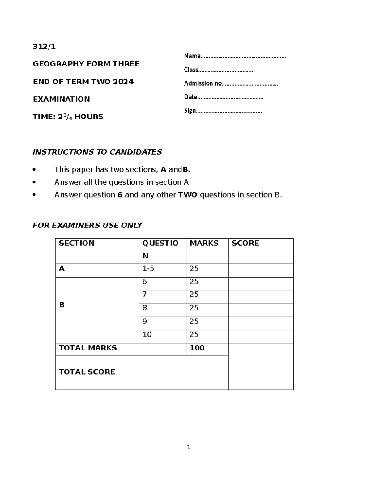 Geography F3T2 PP1 QS - TUTORIA - 312/ GEOGRAPHY FORM THREE END OF TERM ...