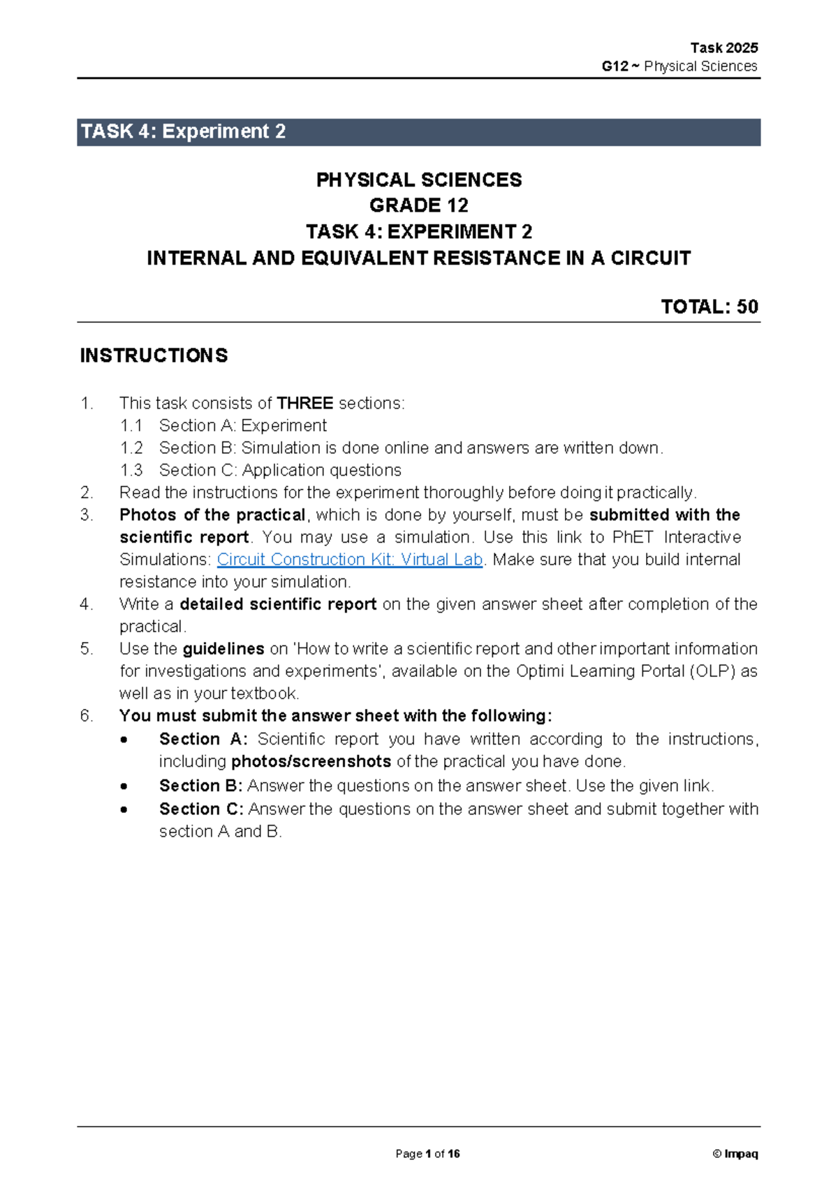 Task 2025 G12 Physical Sciences: Internal & Equivalent Resistance ...