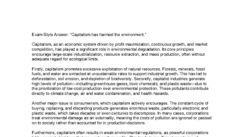 Capitalism and Environmental Impact: Exam Answer Analysis - Studocu