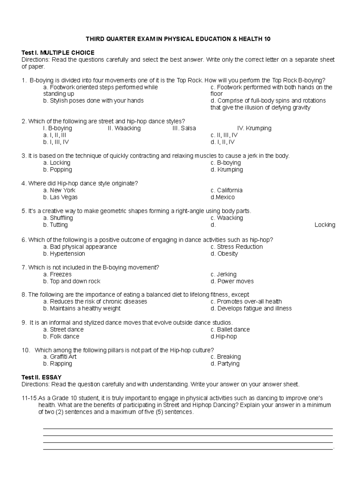 EXAM IN PHYSICAL EDUCATION - MULTIPLE CHOICE Directions: Read the ...