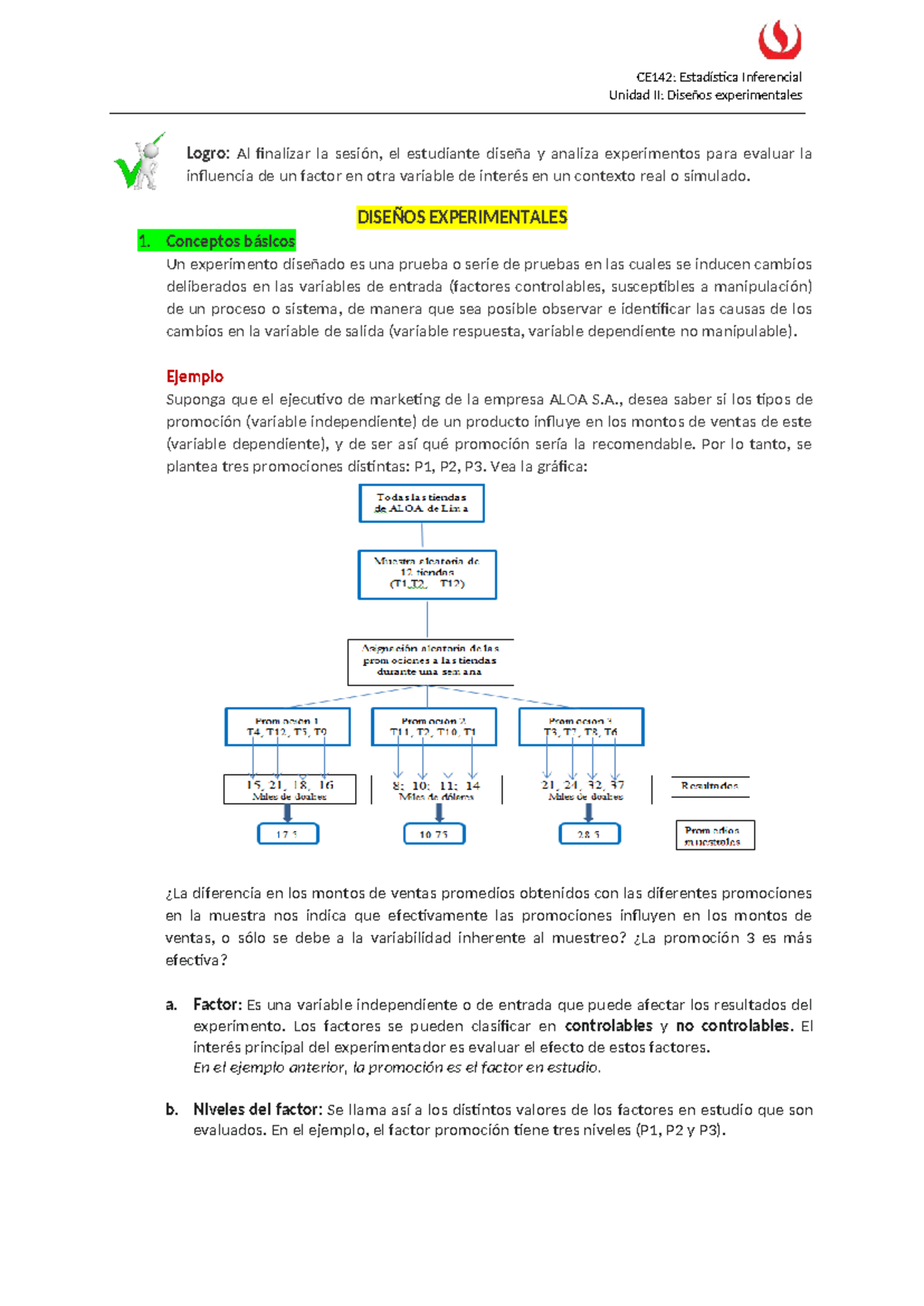 CE142: Estadística Inferencial - Unidad II: Diseños Experimentales y ...