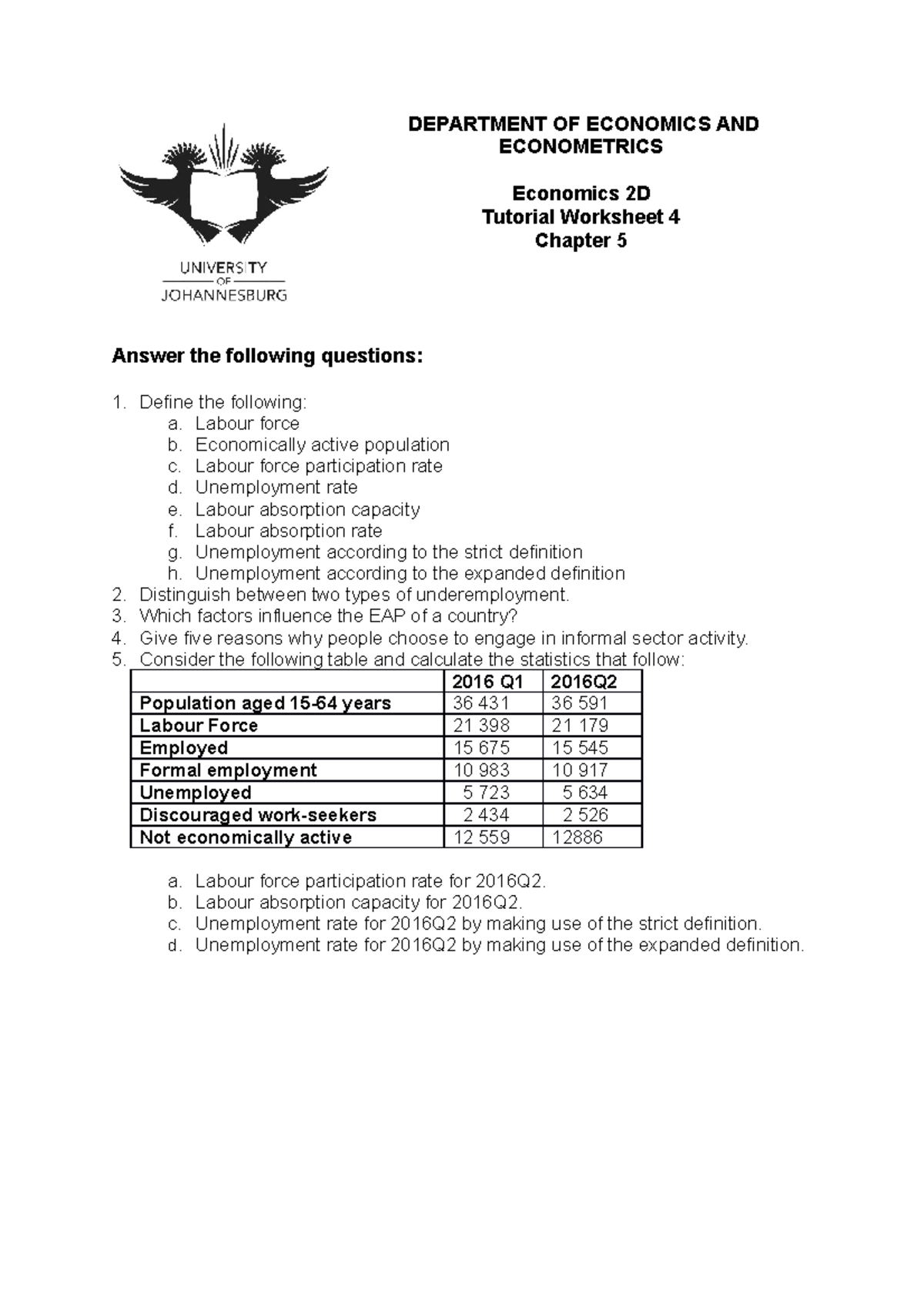 Worksheet 4 Chapter 5 - DEPARTMENT OF ECONOMICS AND ECONOMETRICS ...