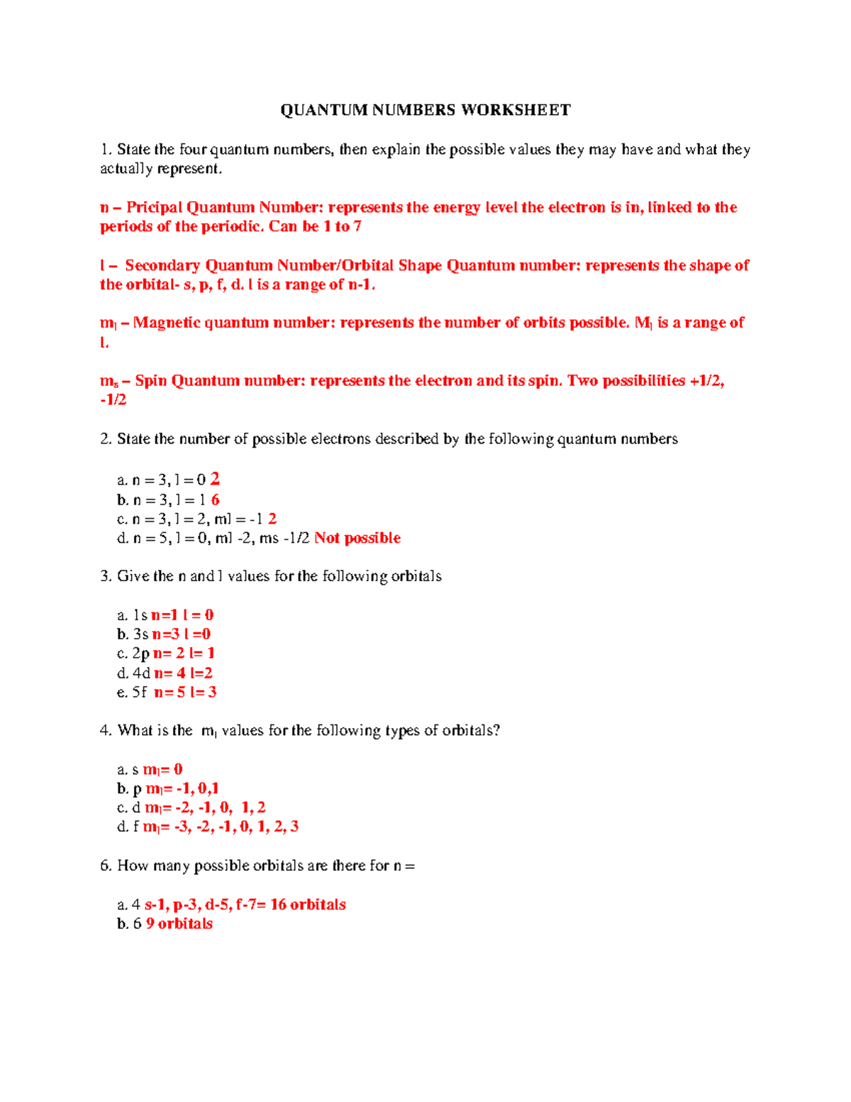 Quantum Numbers Worksheet Answers for Chemistry 101 - Studocu