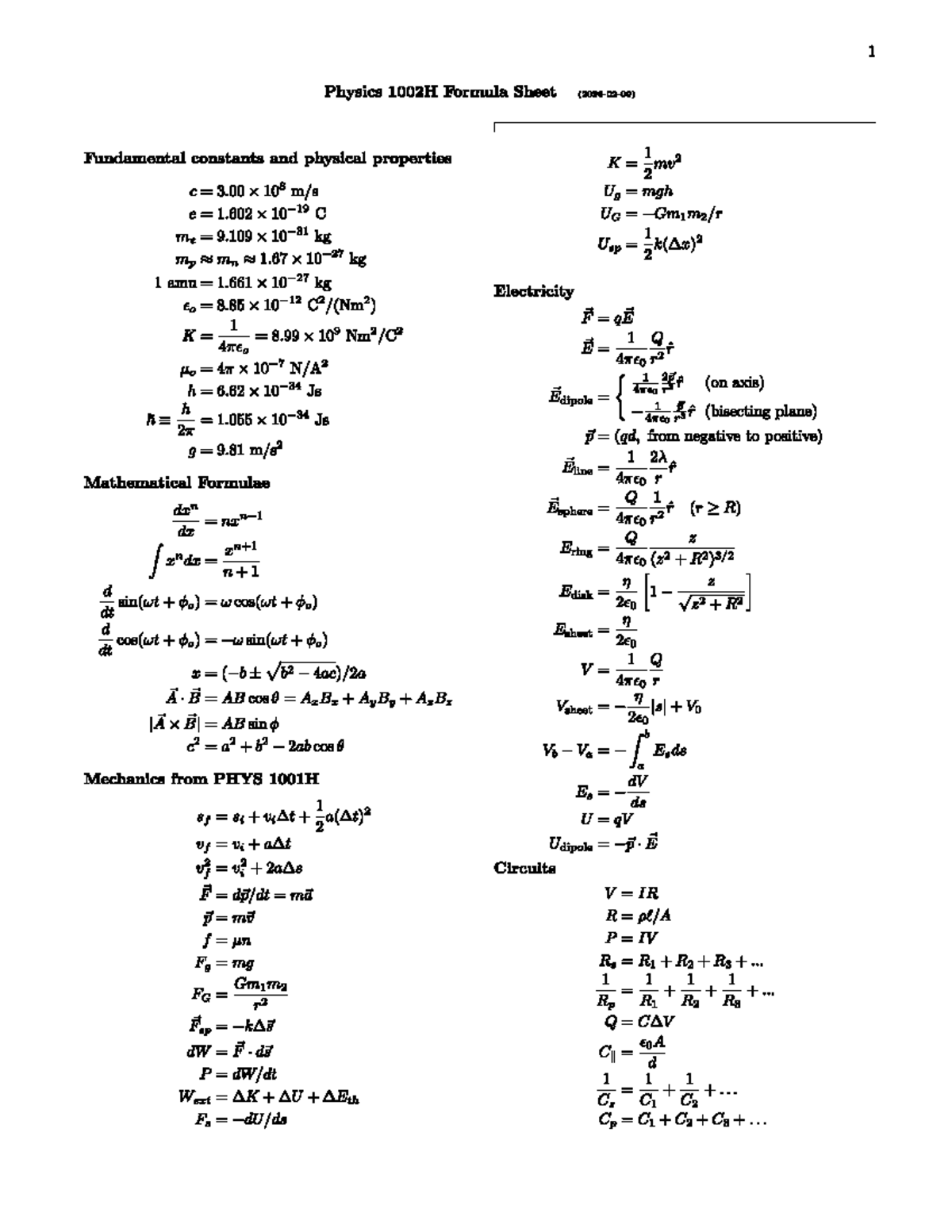 Physics 1002H Final Exam Formula Sheet: Constants & Properties - Studocu