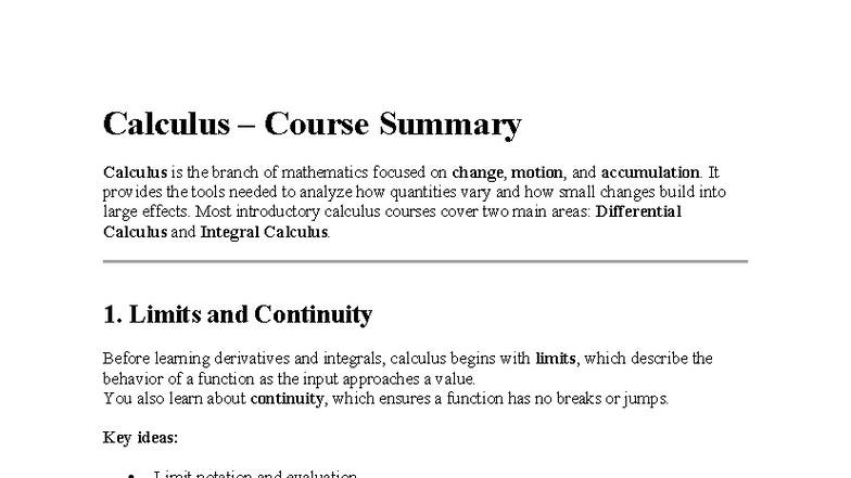 Calculus Course Summary: Key Concepts and Applications - Studocu