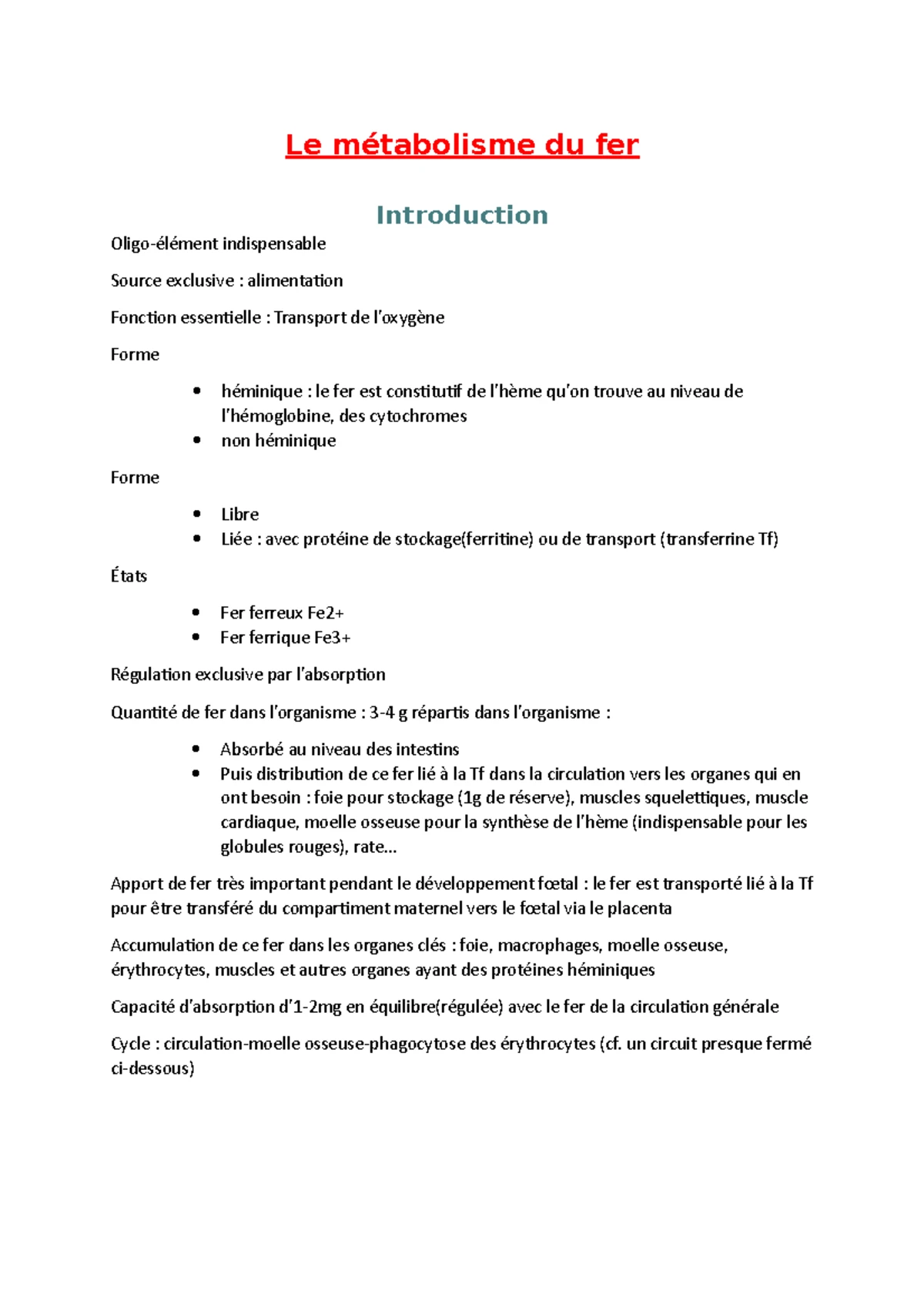 Le métabolisme du fer + Physiopathologies - Le métabolisme du fer ...