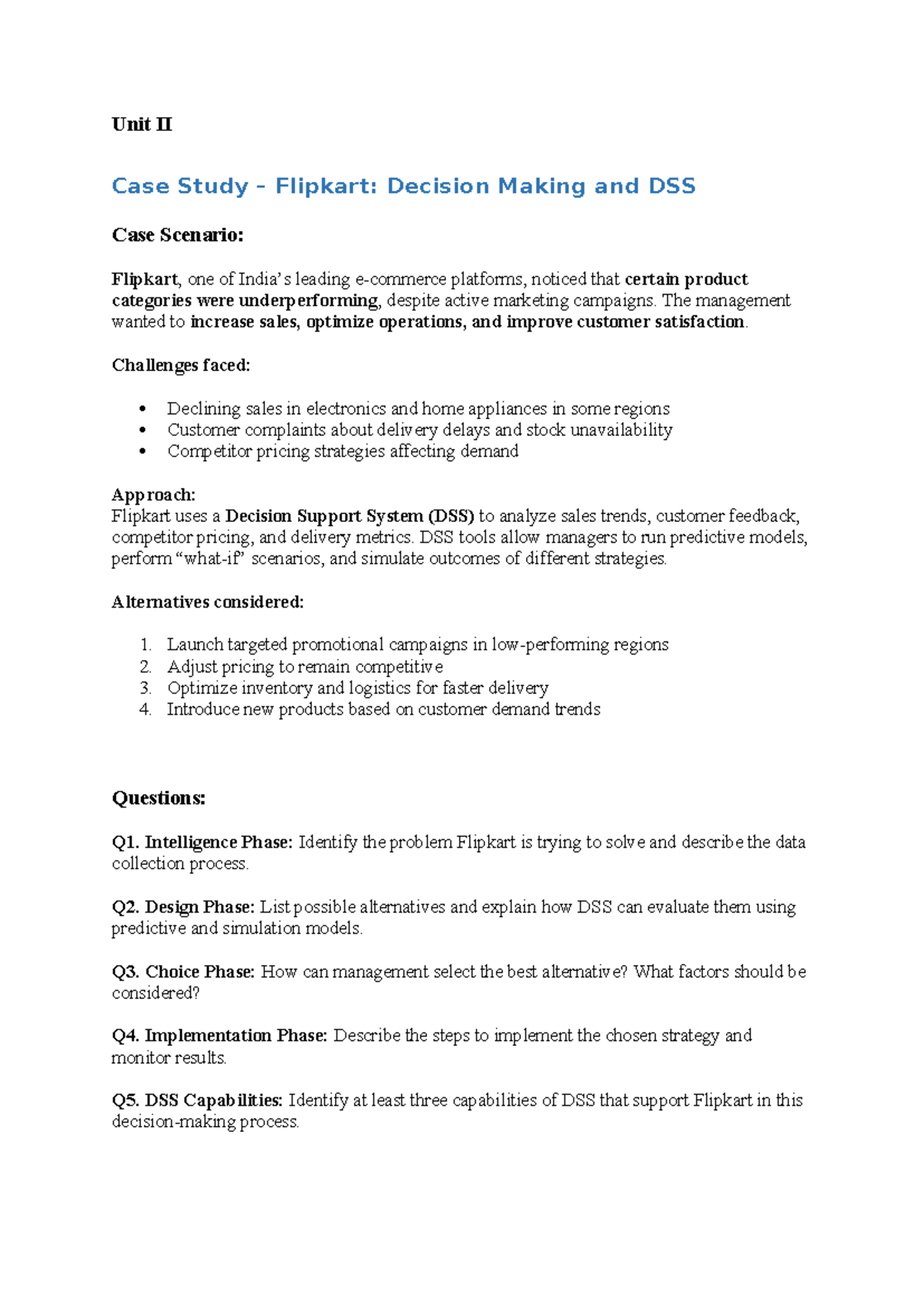 Unit 1-4 Case Study Notes: Decision Making & DSS in BI - Studocu