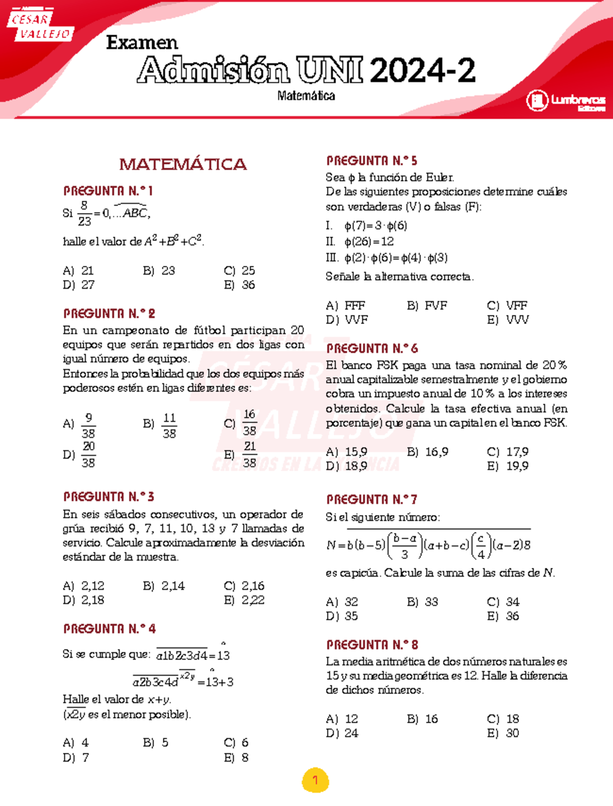 Examen de Admisión UNI 2024-2: Matemáticas - Preguntas y Respuestas ...