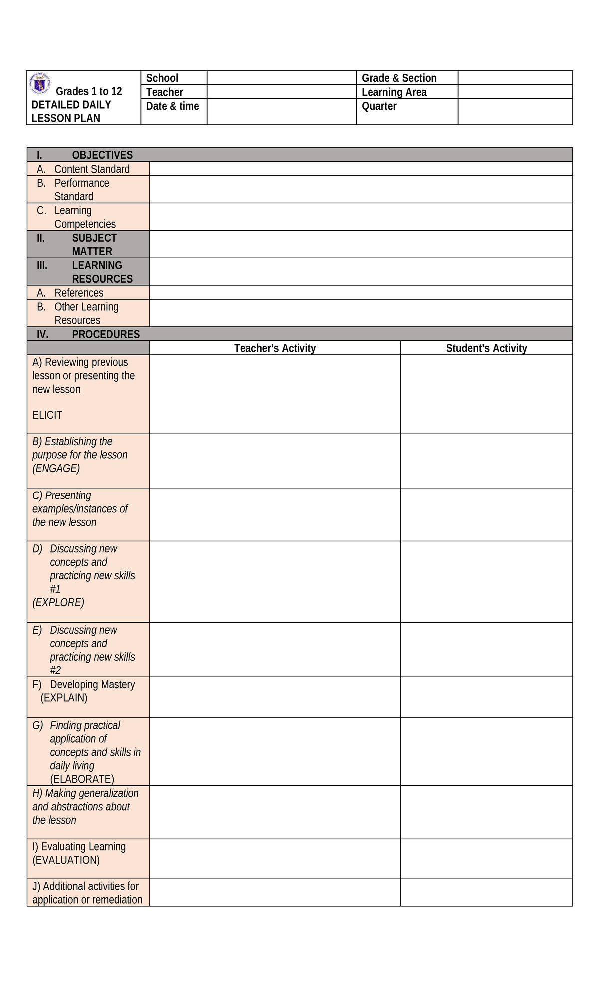 7es- Detailed Lesson Plan Format for Grades 1-12 - Studocu