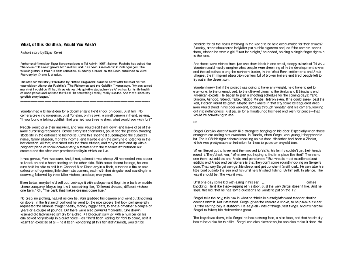 What Would You Wish? Analysis of Etgar Keret's Short Story - Studocu