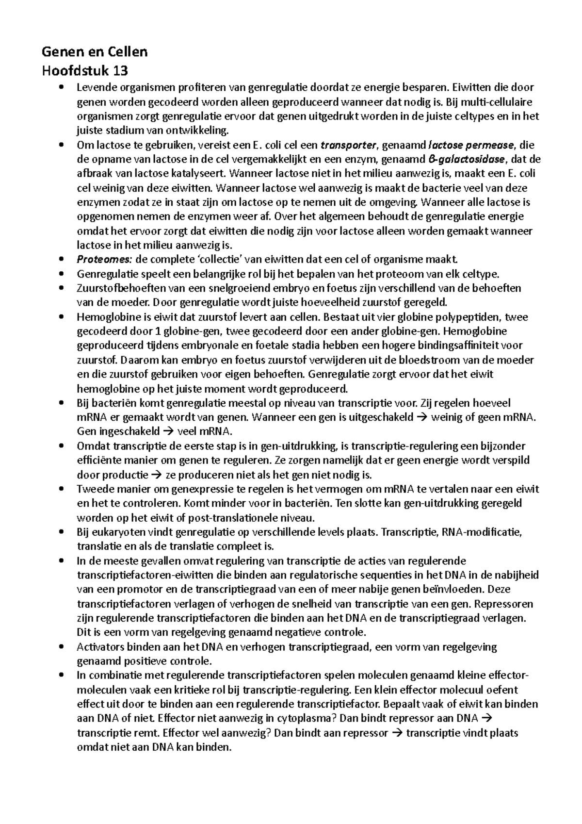 Genen en Cellen Hoofdstuk 13: Genregulatie en Eiwitsynthese - Studeersnel